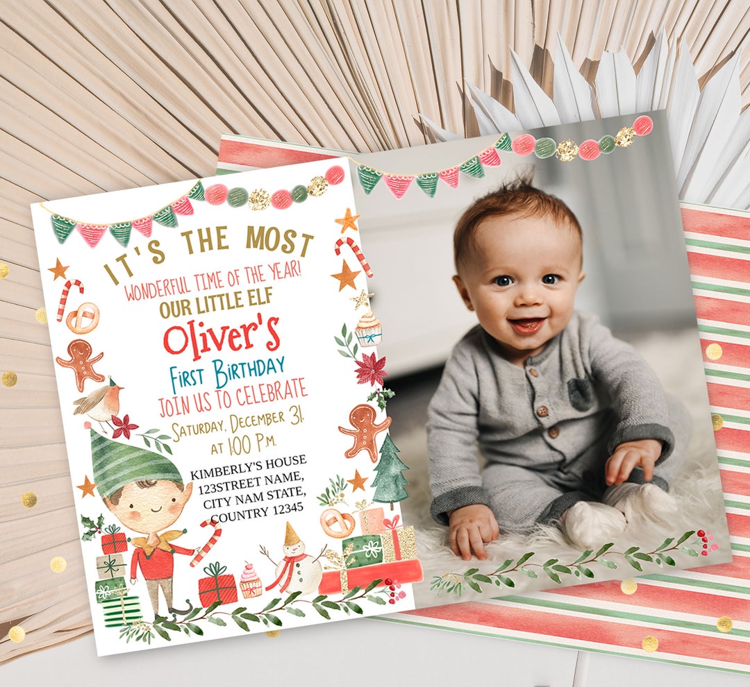 Editable Elf Birthday Photo Invitation, Boy Elf 1st Birthday Christmas ...