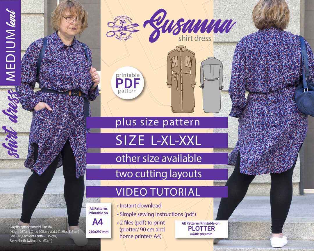 Shirt Dress Pattern PDF Sewing Pattern Plus Size Pattern L XL XXL Swing ...