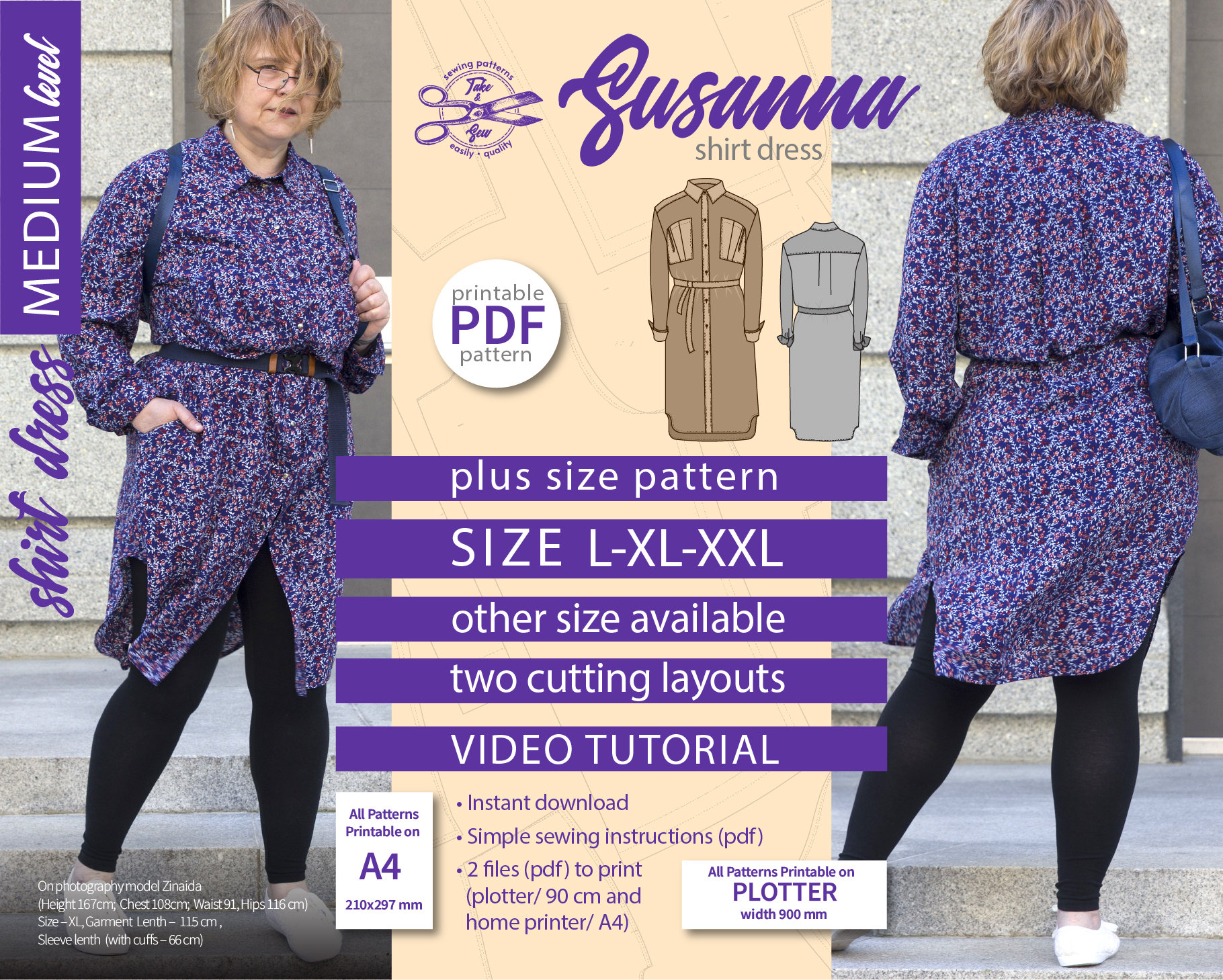 Shirt Dress Pattern PDF Sewing Pattern Plus Size Pattern L XL XXL Swing ...