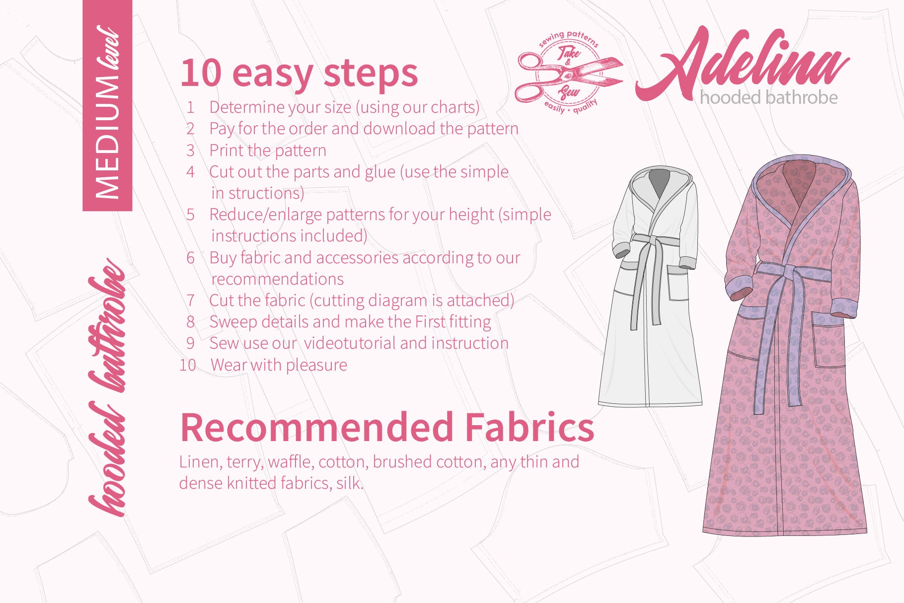 Indie Hooded Bathrobe Sewing Pattern. DIY Women Housecoat, Size XS S M ...