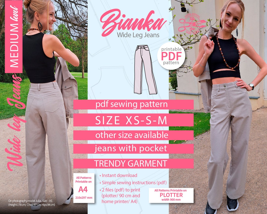 Wide Leg Palazzo Jeans Sewing Pattern: Women's Sizes XS-M (PDF Pattern ...