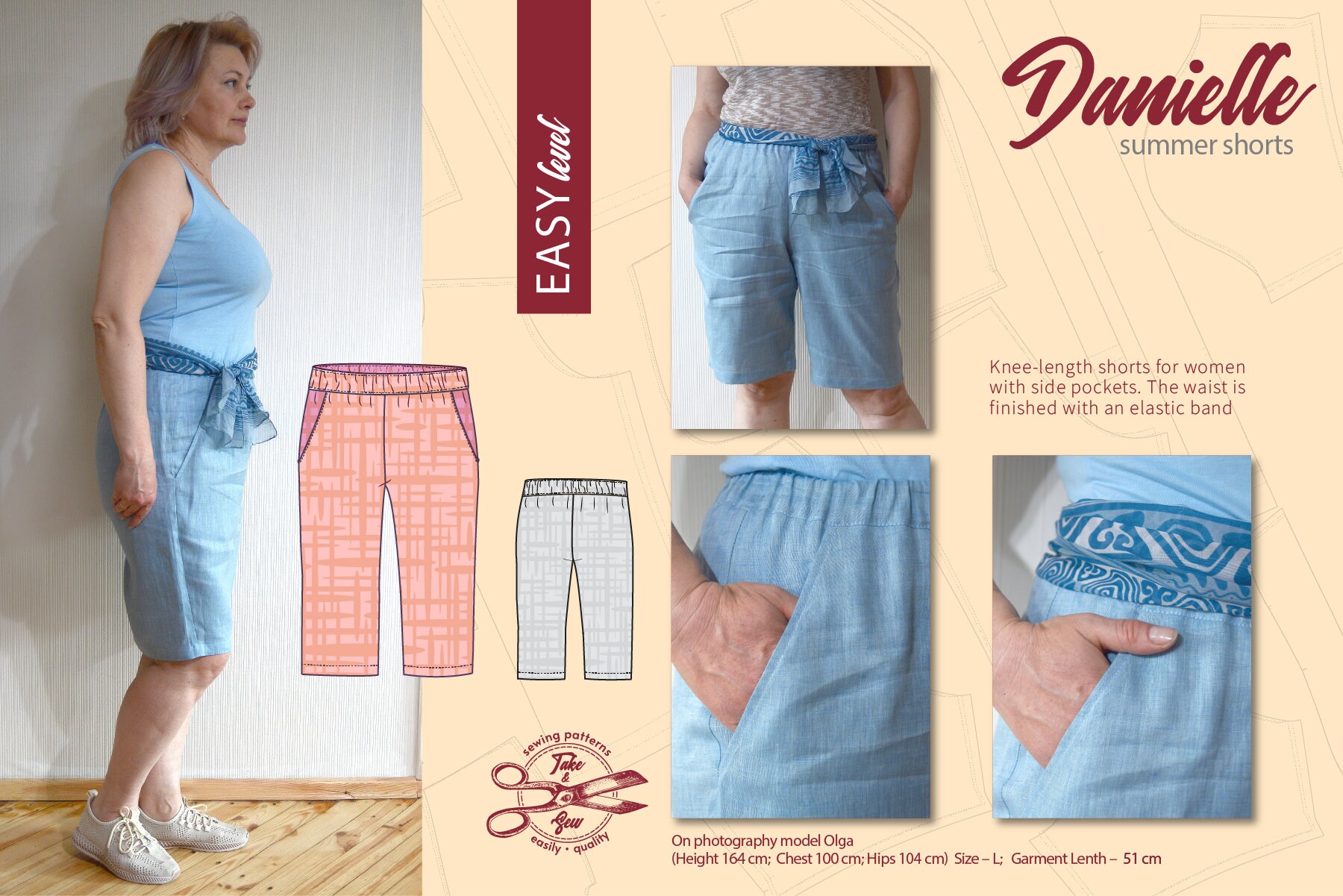Indie Linen Shorts Sewing Pattern DIY Women Summer Trousers Size L XL ...