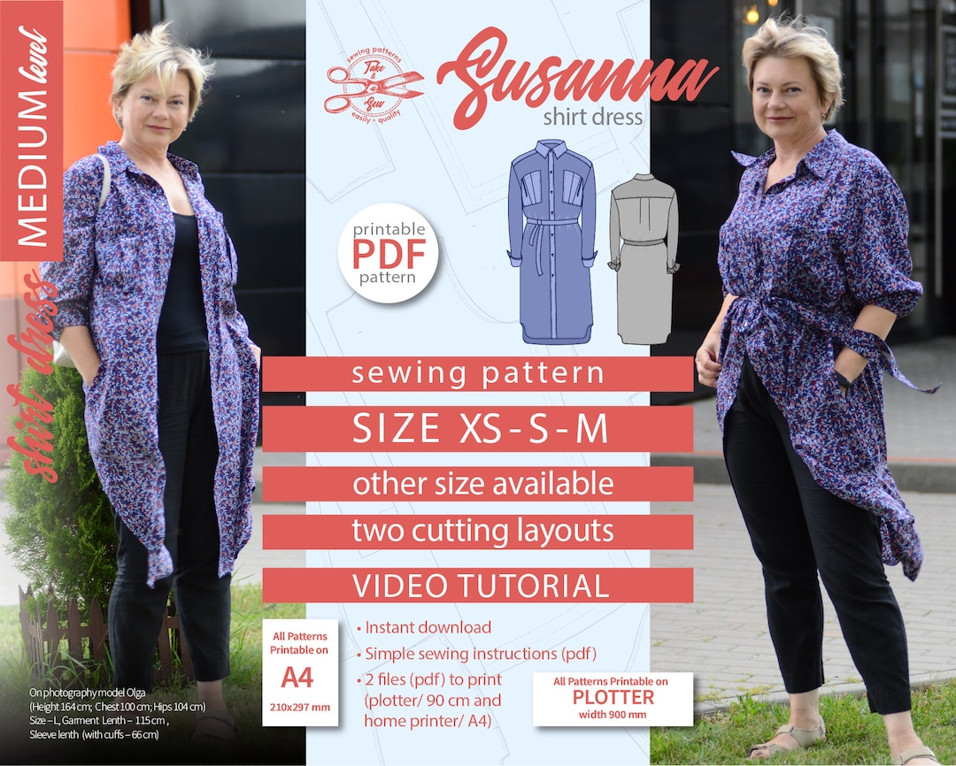 Shirt Dress Pattern PDF Sewing Pattern Casual Dress Pattern XS S M ...
