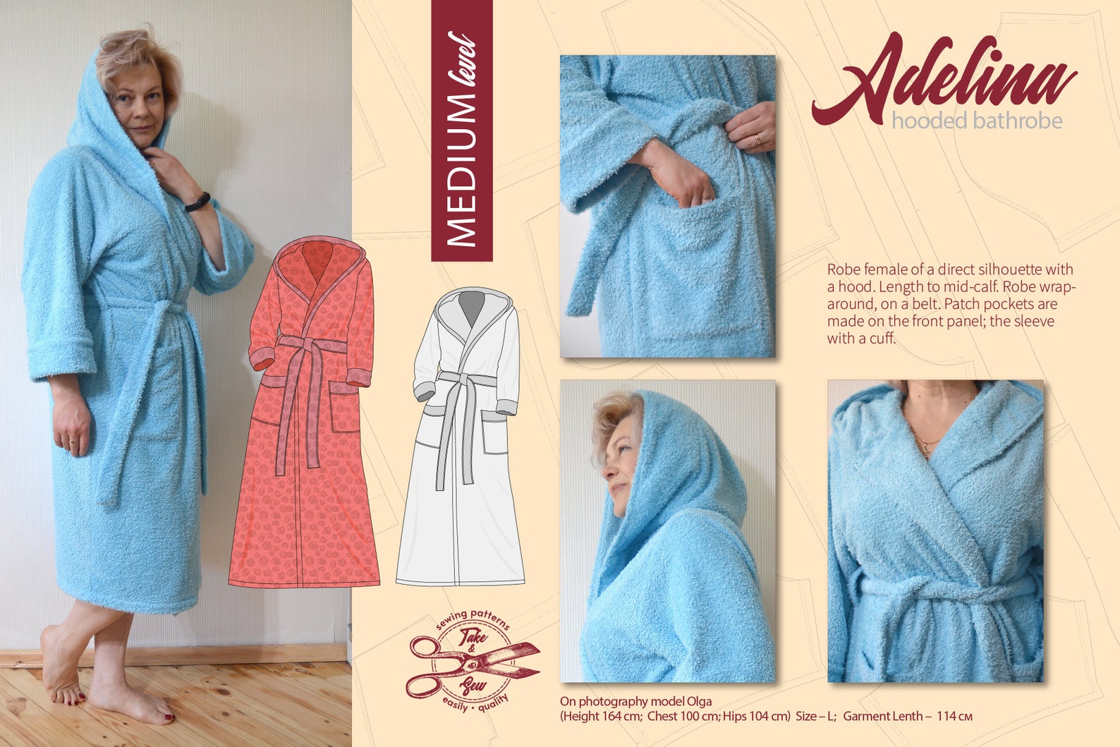 Indie Hooded Bathrobe Sewing Pattern. DIY Women Housecoat, Size L XL ...