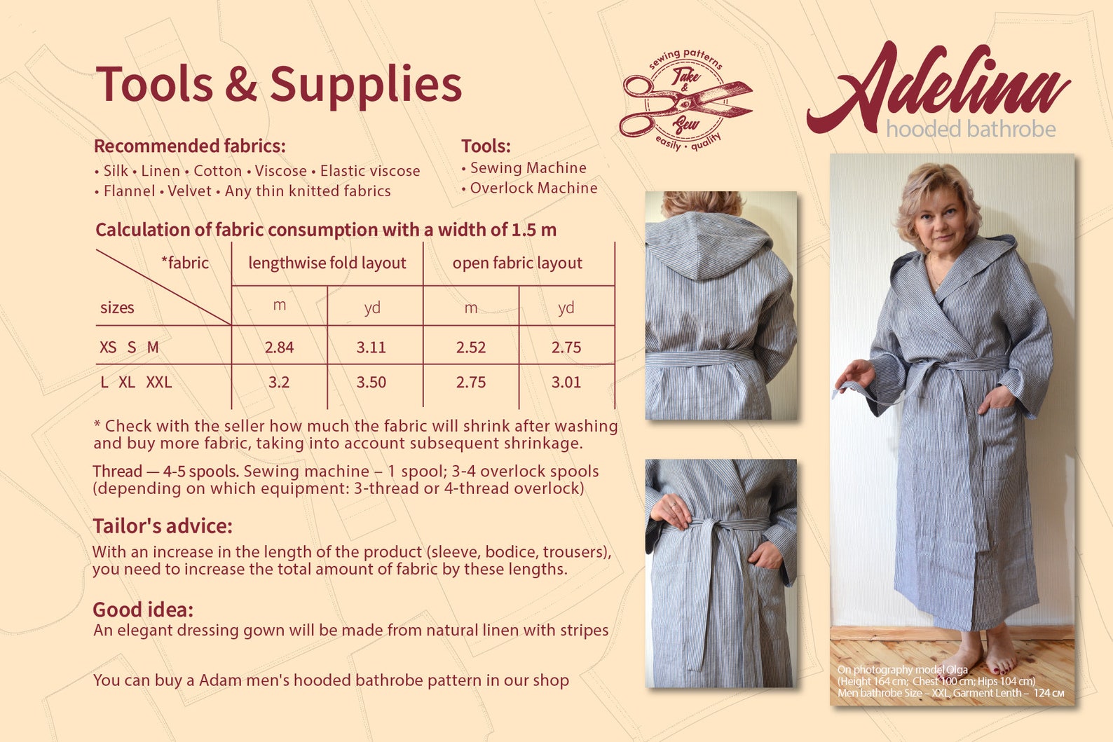 Indie Hooded Bathrobe Sewing Pattern. DIY Women Housecoat, Size L XL ...