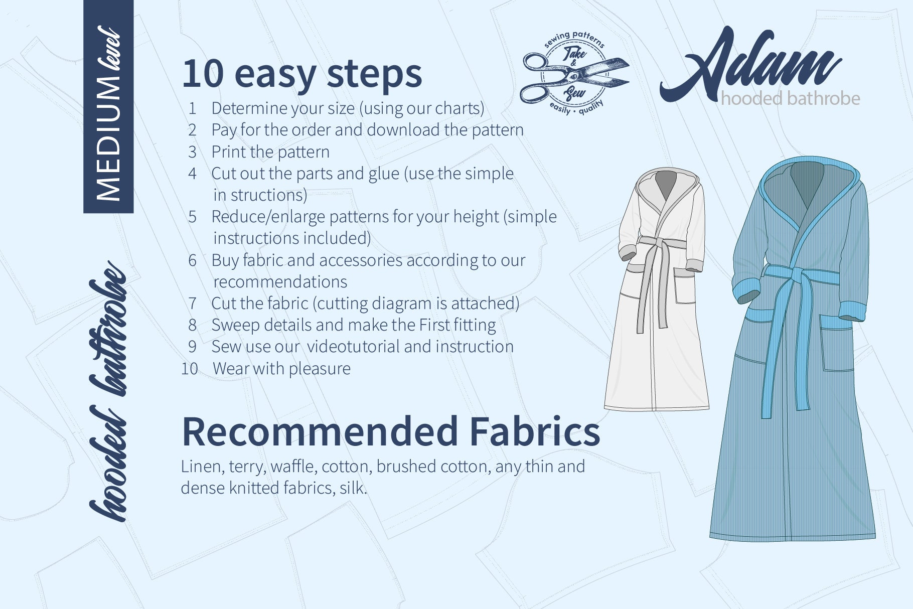 Indie Hooded Bathrobe Sewing Pattern. DIY Man Housecoat, Size S M L ...