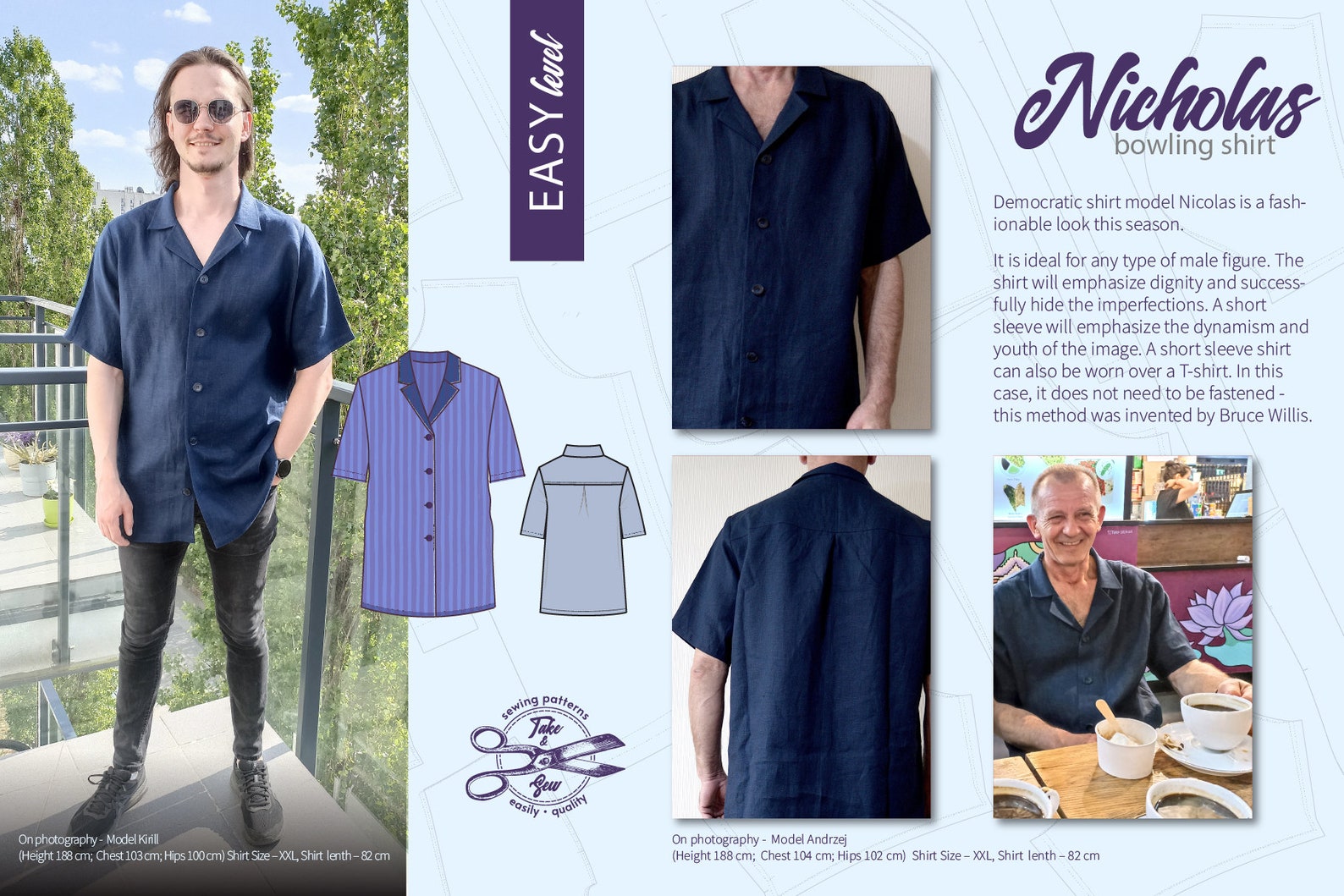 Bowling Button up Shirt Sewing Pattern. Indie DIY Mens Shirt Size XL ...