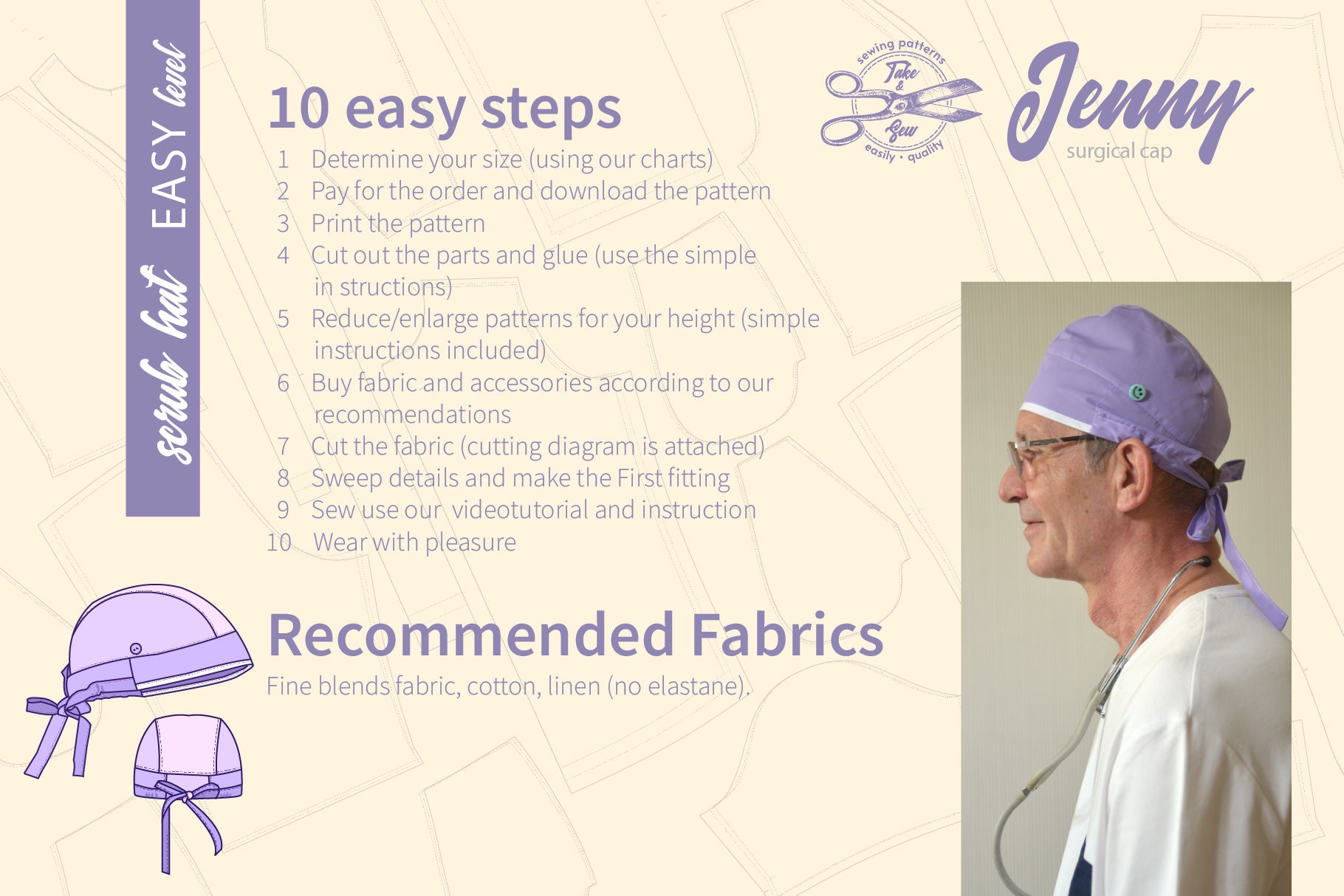 Unisex Scrub Hat Sewing Pattern. DIY Medical Cap Jenny. Size - Etsy
