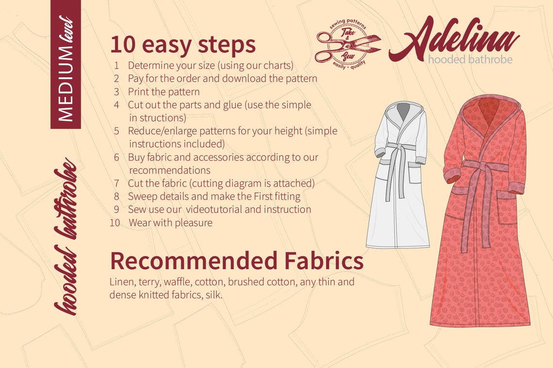 Indie Hooded Bathrobe Sewing Pattern. DIY Women Housecoat, Size L XL ...