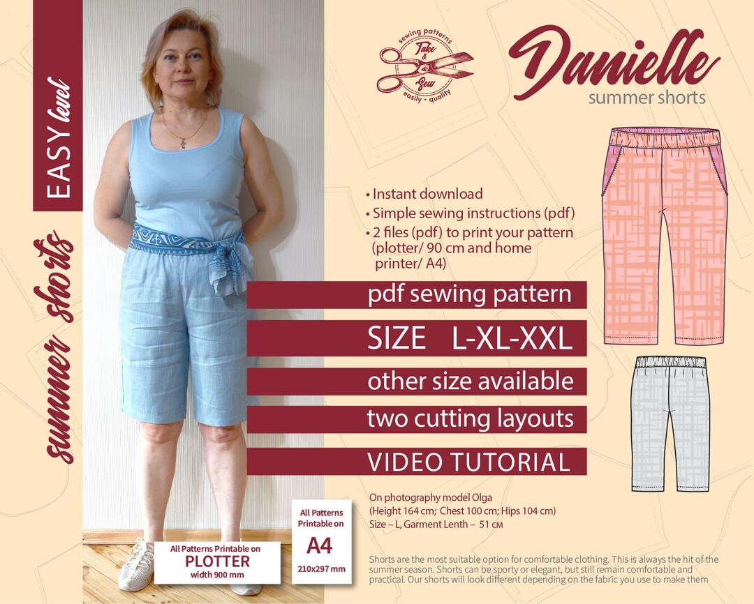 Indie Linen Shorts Sewing Pattern DIY Women Summer Trousers Size L XL ...