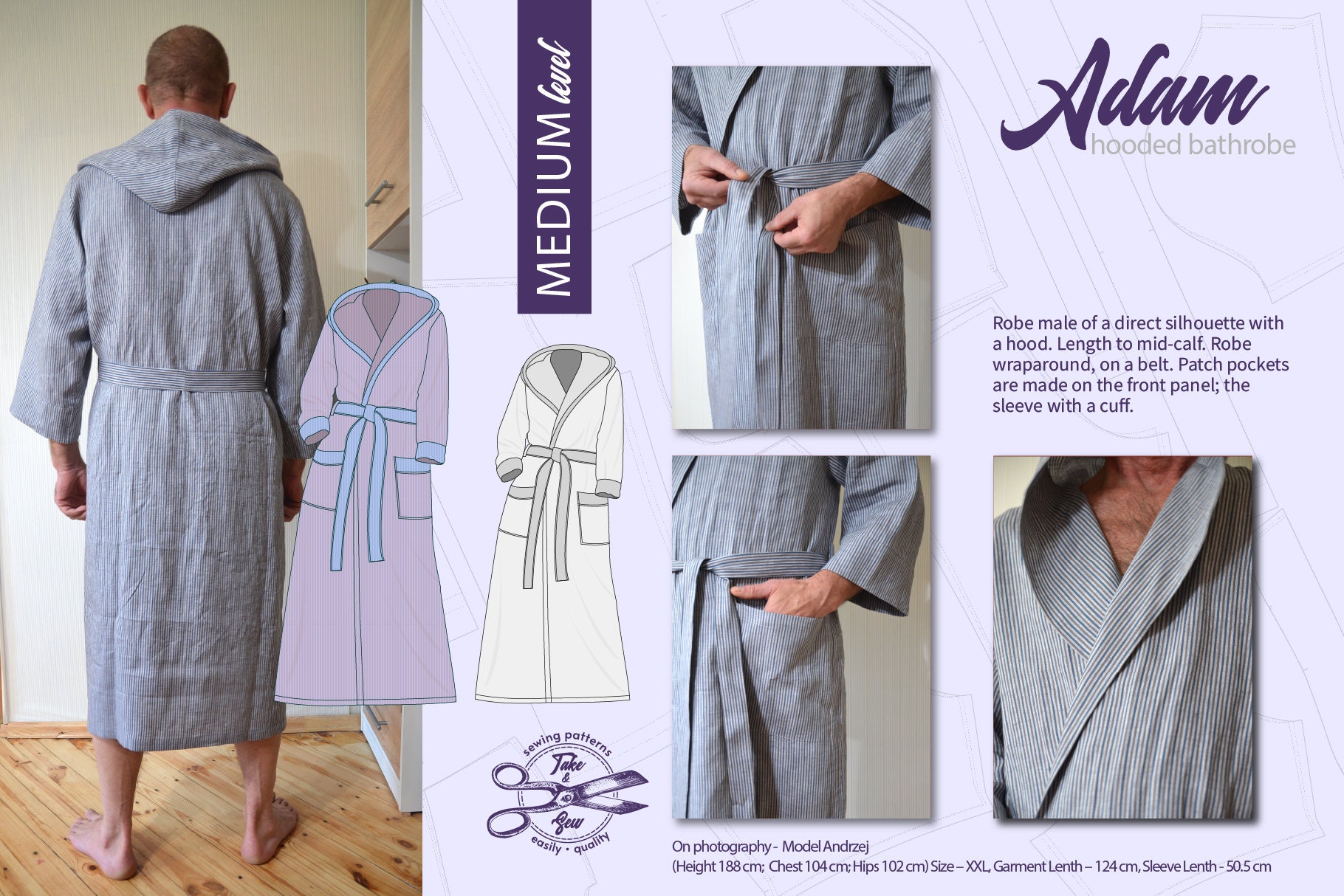 Indie Hooded Bathrobe Sewing Pattern. Diy Man Housecoat, Size XL XXL ...