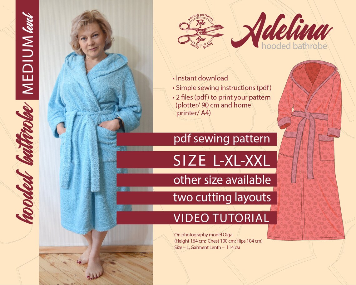 Indie Hooded Bathrobe Sewing Pattern. DIY Women Housecoat, Size L XL ...