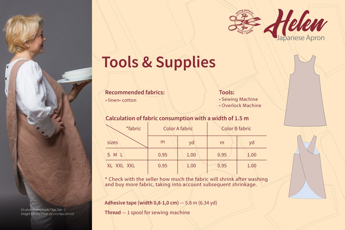 Cross Back Apron Sewing Pattern: Helen Japanese Style (PDF Pattern, XL ...