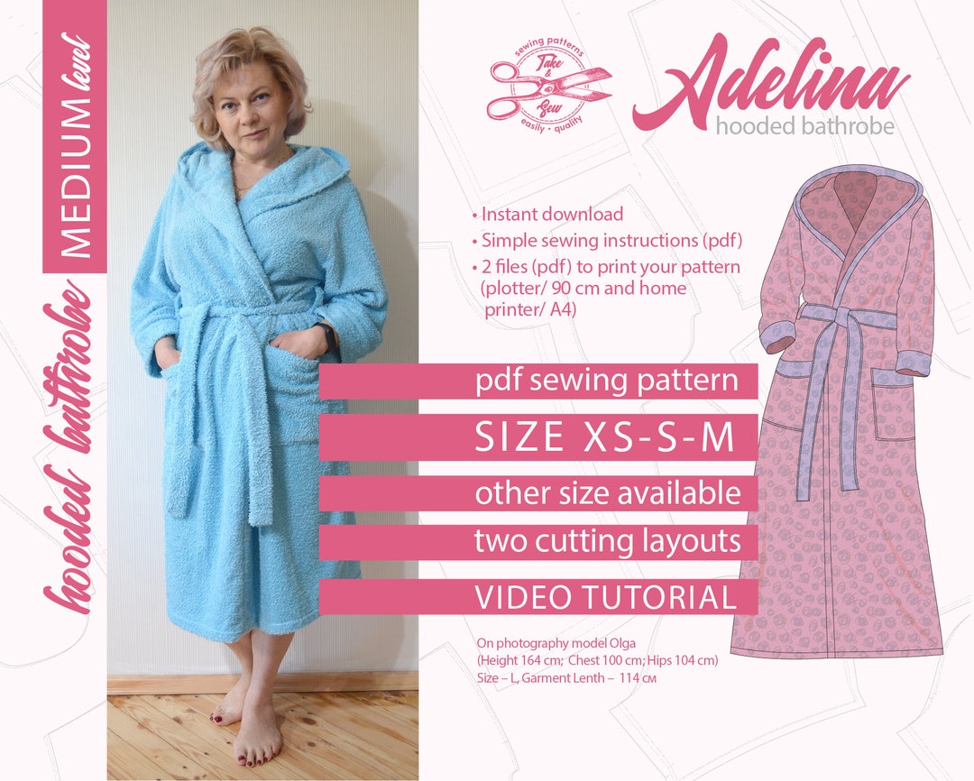 Indie Hooded Bathrobe Sewing Pattern. DIY Women Housecoat, Size XS S M ...