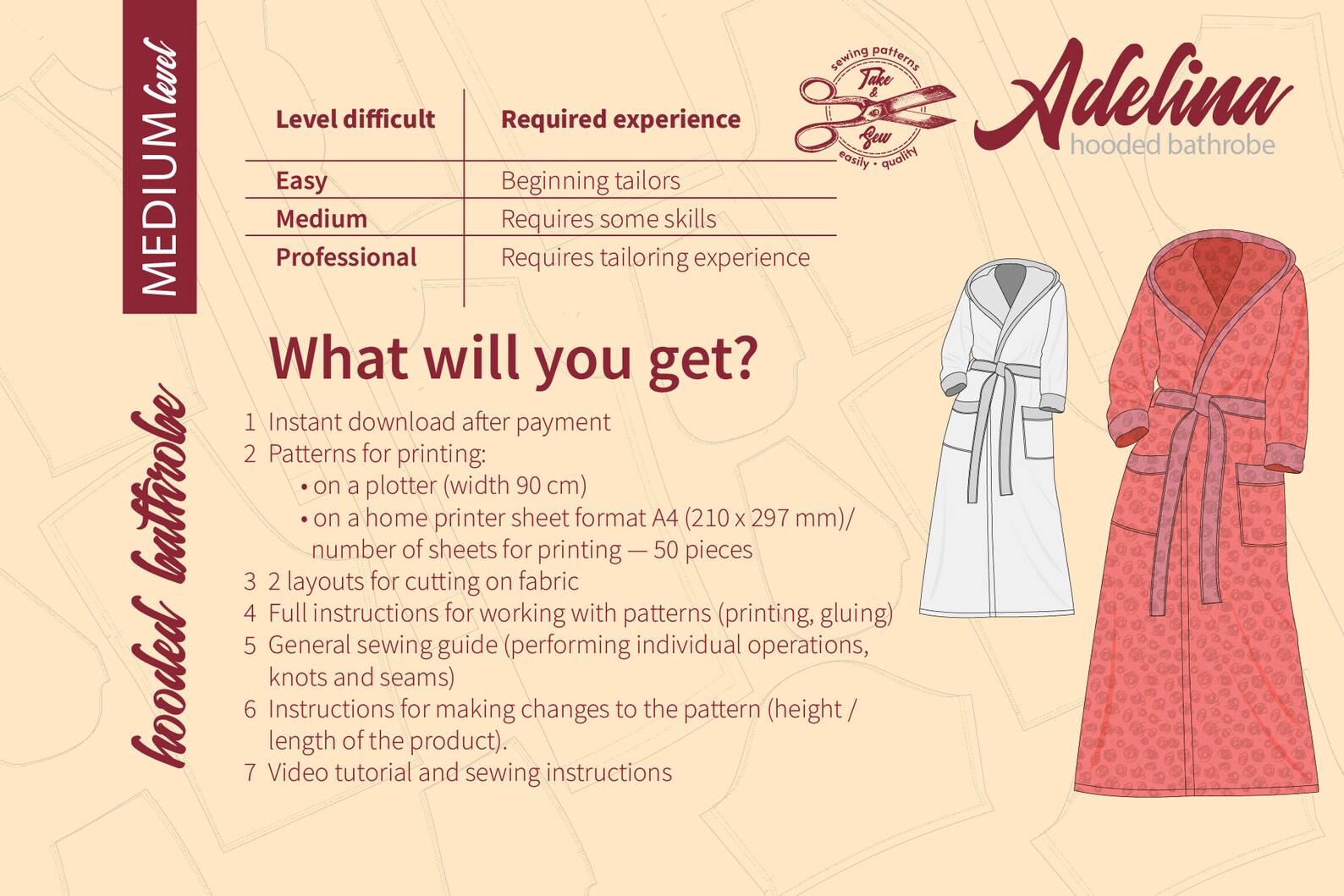 Indie Hooded Bathrobe Sewing Pattern. DIY Women Housecoat, Size L XL ...