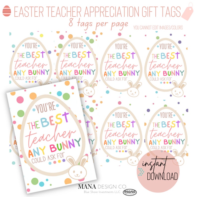 Teachers Appreciation Tag Teacher Gift Bunny Printable Tags Easter Gift ...