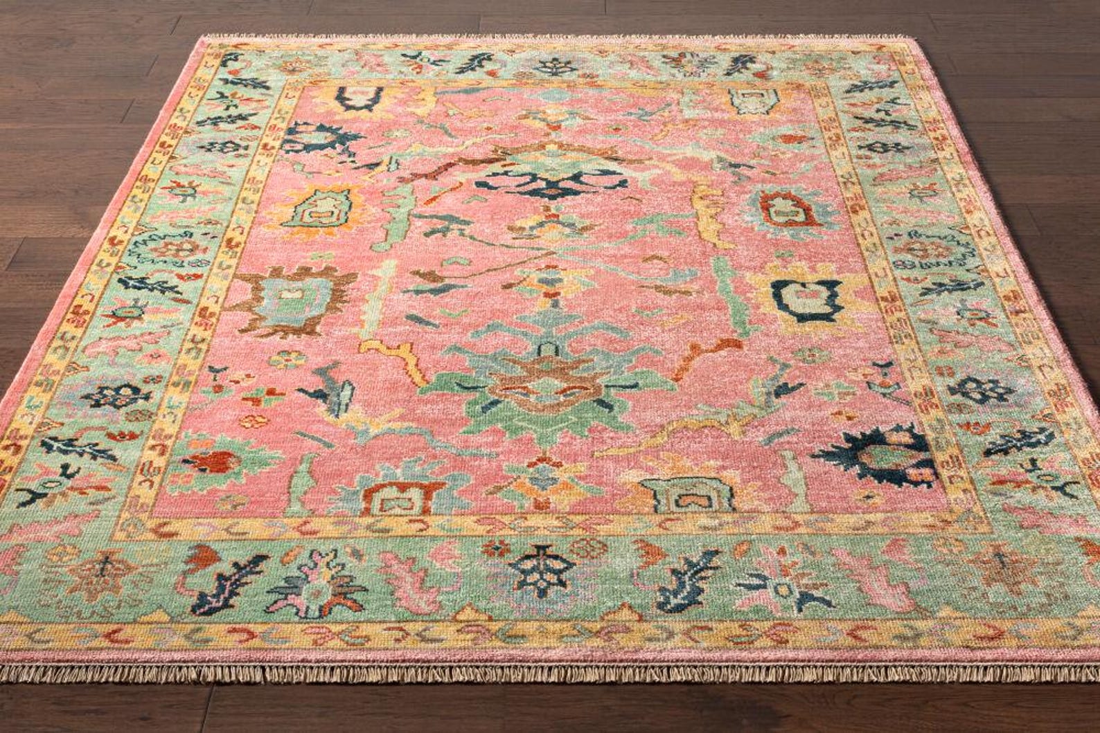Modern Pink Oushak Rug Handwoven Turkish Wool Area Rug With Soft Green ...