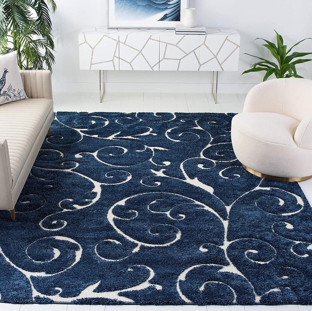 Luxurious Blue Shag Area Rug With Elegant Swirl Pattern - Soft, Fluffy ...