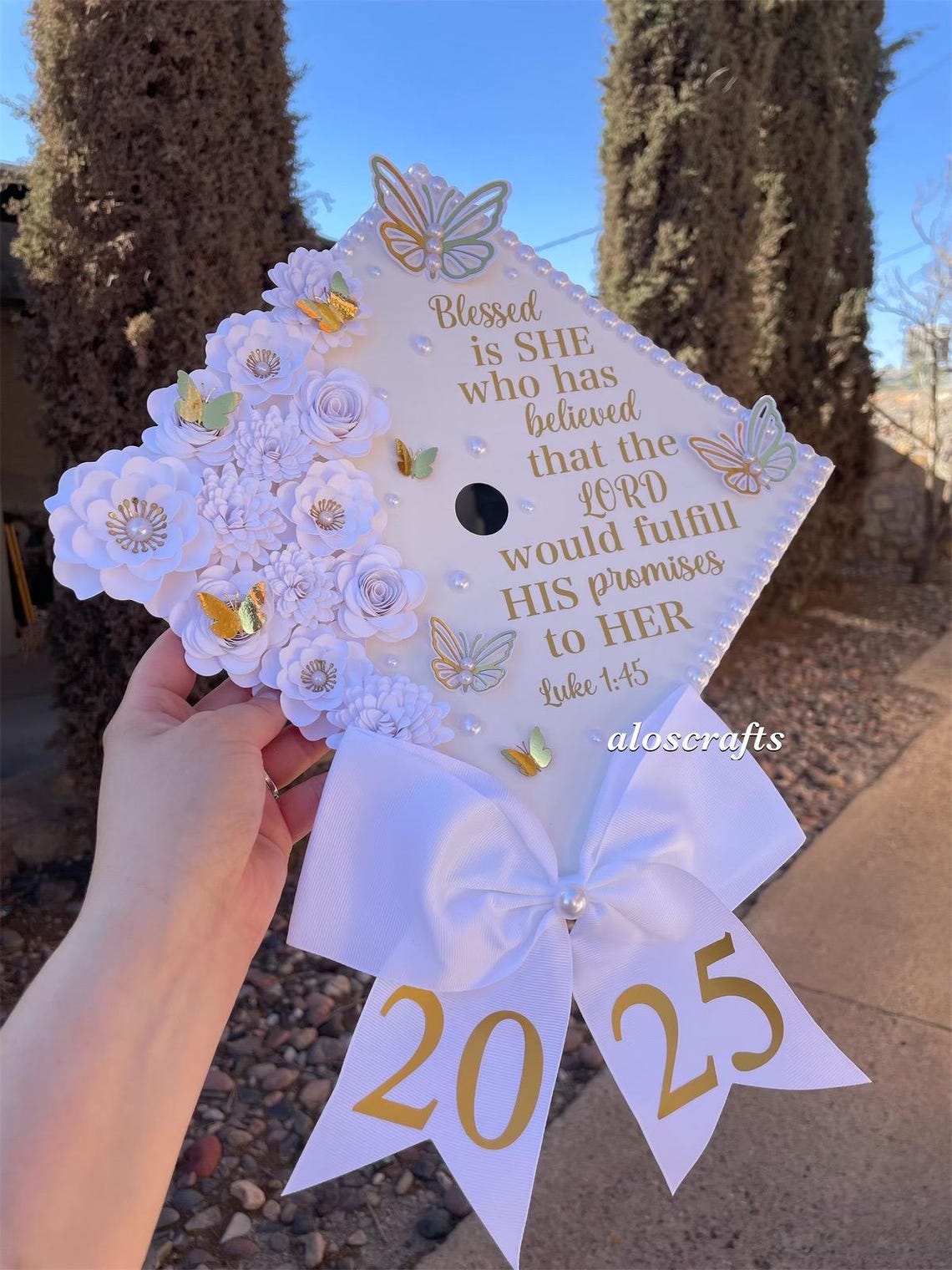 Custom Graduation Cap Topper: White Paper Flowers, Gold Accents, Class ...