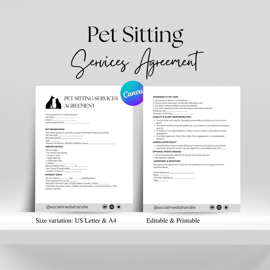 Pet Sitting Service Contract Agreement Editable Canva Template ...