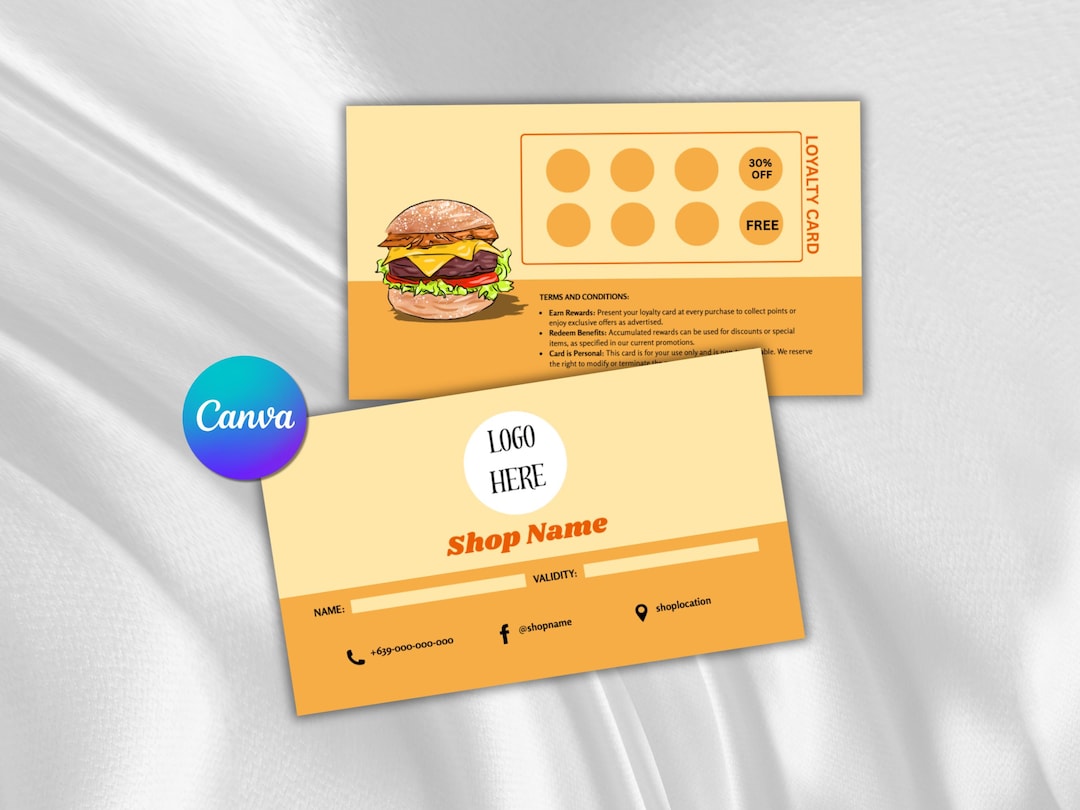 Burger Loyalty Card Canva Template, Editable Food Business (digital ...