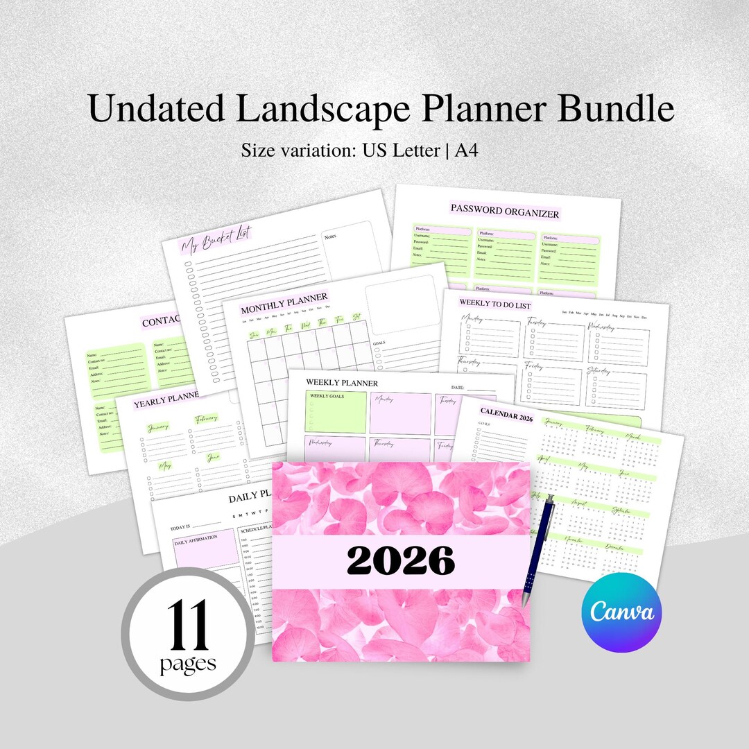 Undated Digital Planner Landscape Canva Template, Printable, Calendar ...