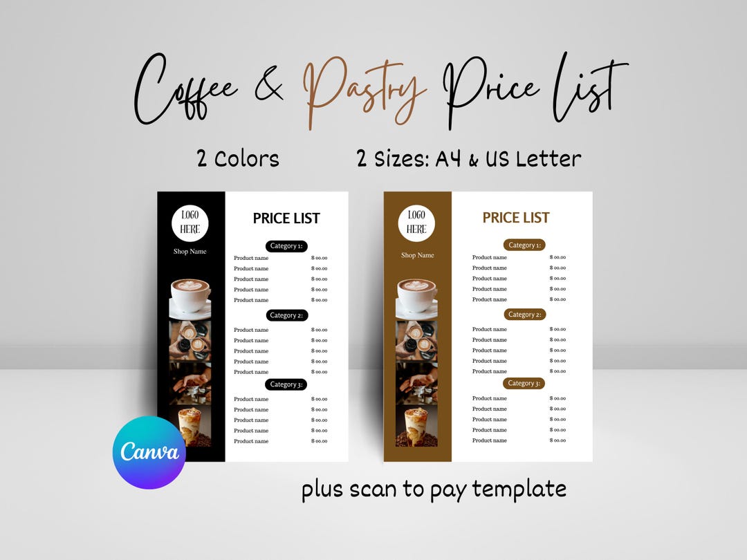 Coffee Shop Editable Menu Price List Canva Template, Scan to Pay ...