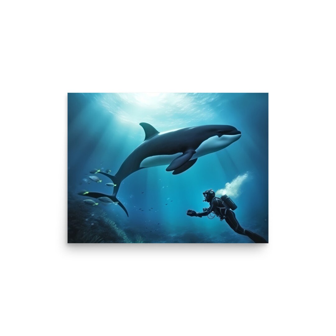 Scuba Diver and Orca Whale Poster - Mesmerizing Underwater Adventure - Etsy