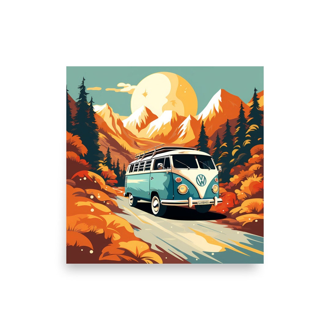 Retro Camper Van Poster 1960s Inspired Wall Art, Vibrant Orange ...