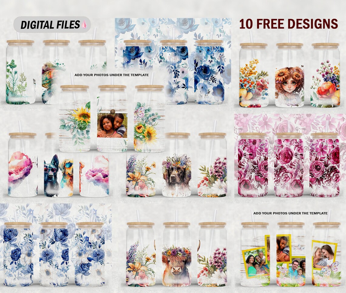 Flowers 16 Oz Glass Sublimation Designs With 4 Photo Frames Seamless16 ...