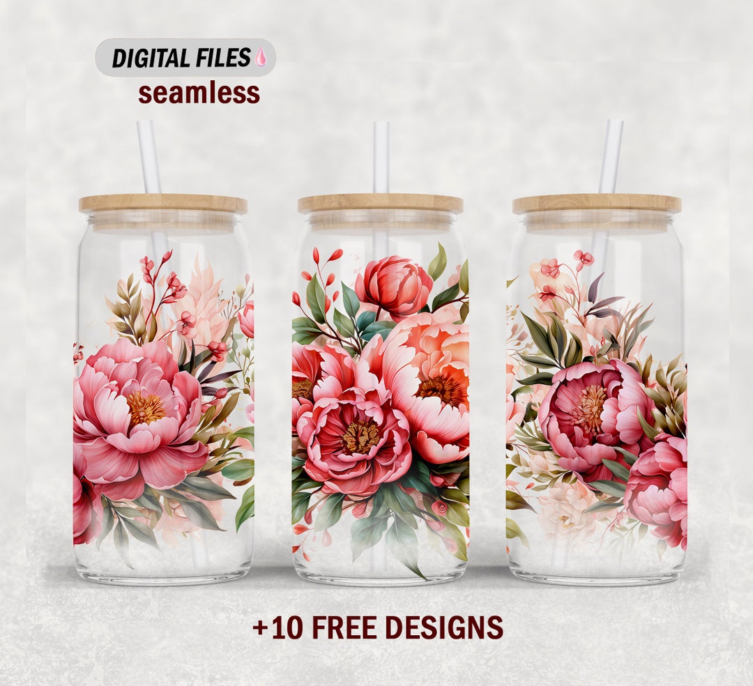 Pink Flowers 16 Oz Glass Can Png 16 Oz Libbey Glass Wrap Tumbler Wrap ...