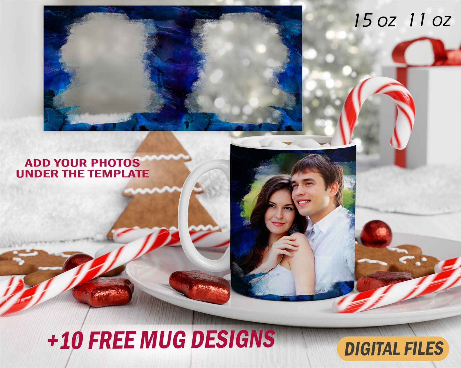 2 Picture Mug Sublimation Design Blue Template With 2 Photo Frames 15 ...