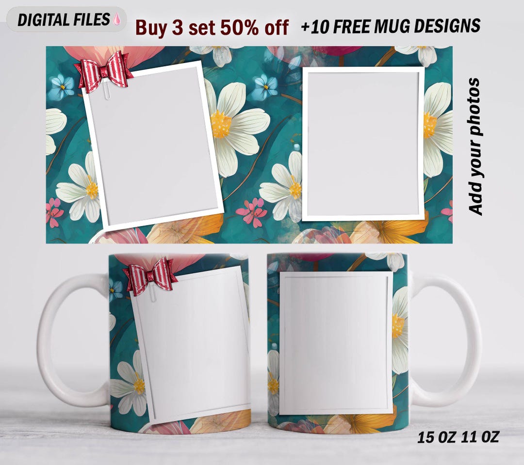 Flower Mug Wrap With 2 Photo Frames Green Mug Png Sublimation Design ...