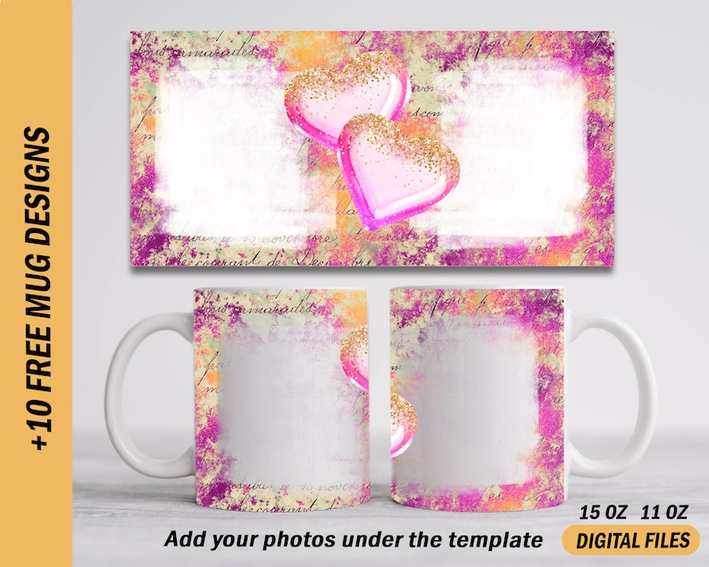 Sublimation Mug Png With 2 Frames Hearts Coffee Mug Template With ...