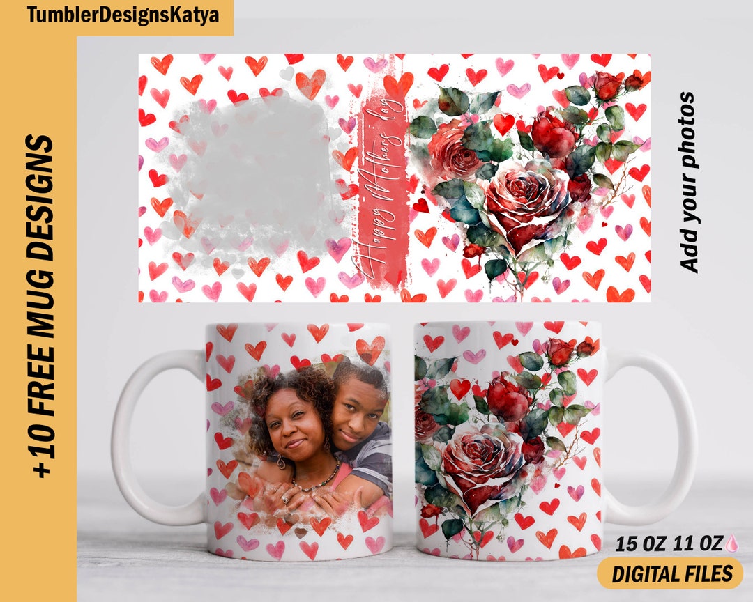 Personalised Mug Wrap With 1 Photo Frame Hearts Mug Png Files for ...