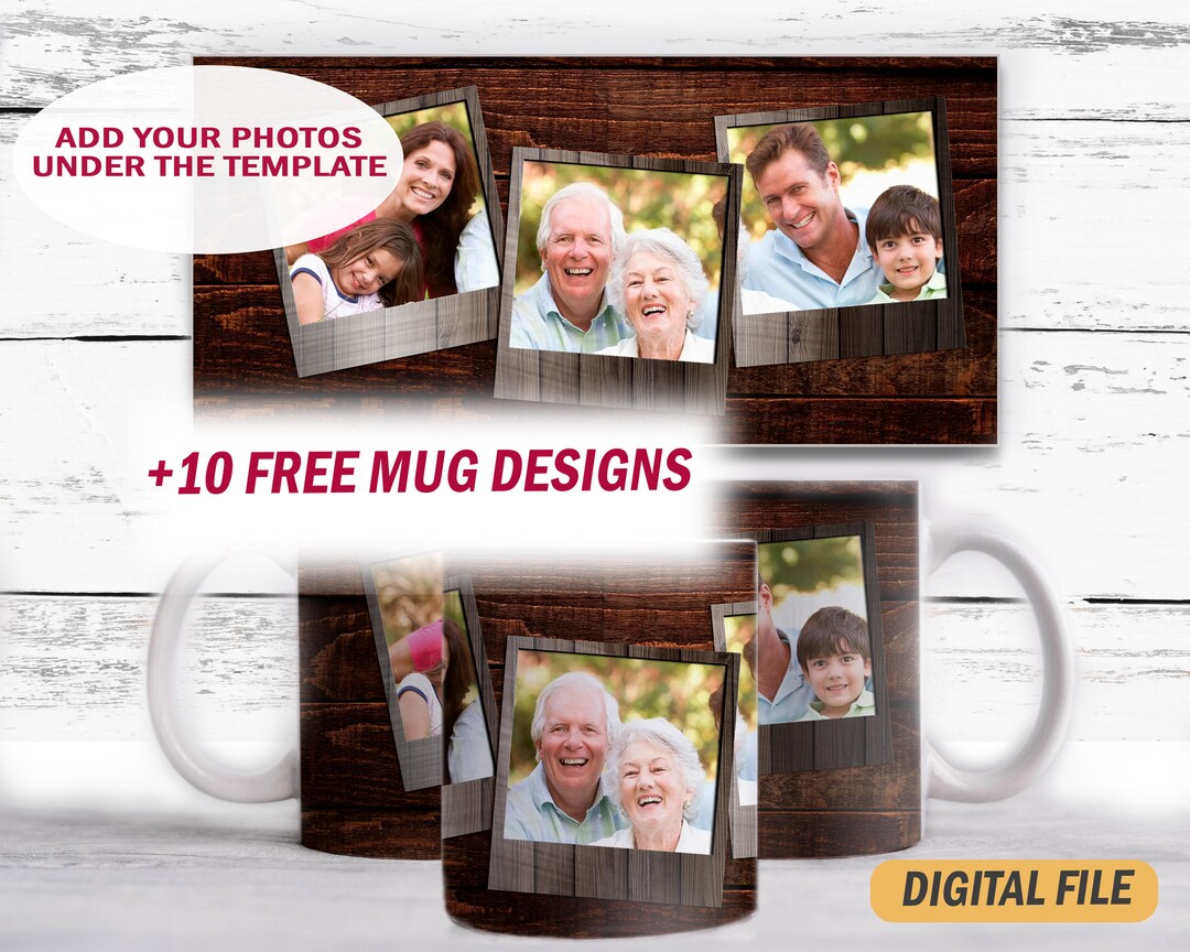 Photo Template Mug for 15 Oz and 11 Oz Wood Mug Wrap With 3 Frames ...