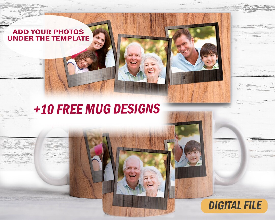 Photo Template Mug for 15 Oz and 11 Oz Wood Mug Wrap With 3 Photo ...