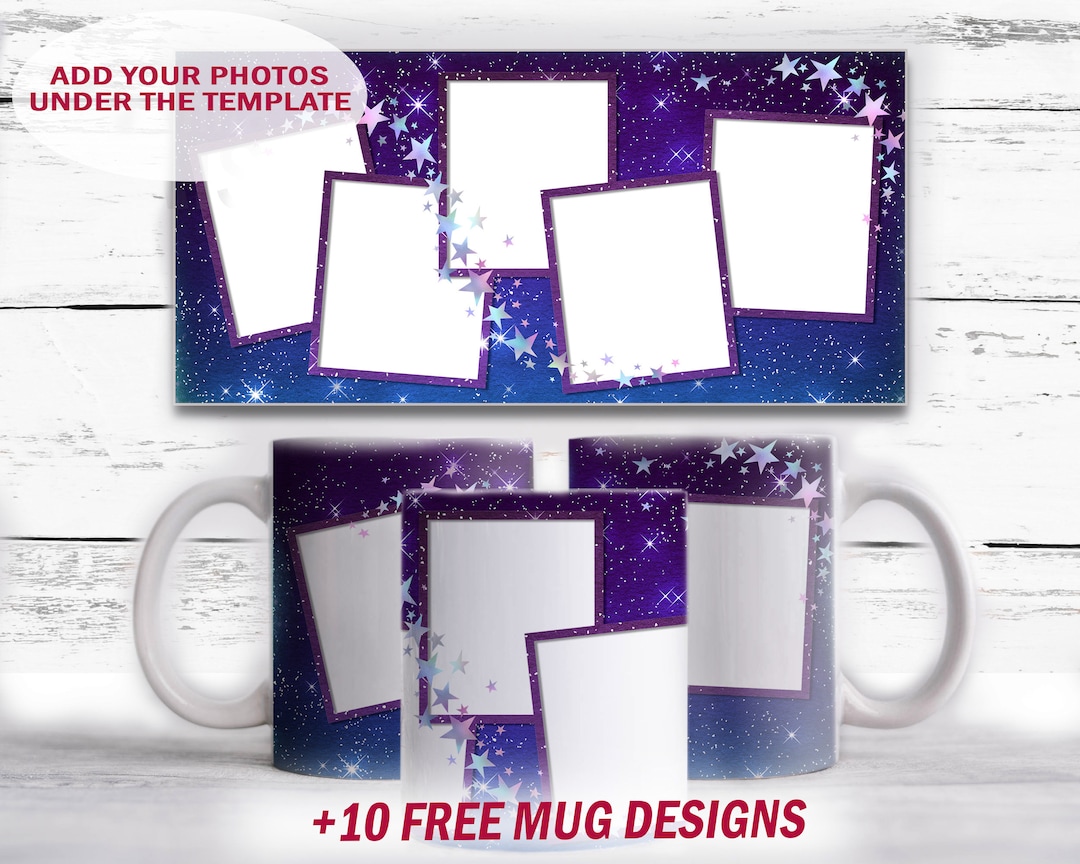 Sublimation Mug Template With 5 Photo Frames Galaxy Purple Background ...