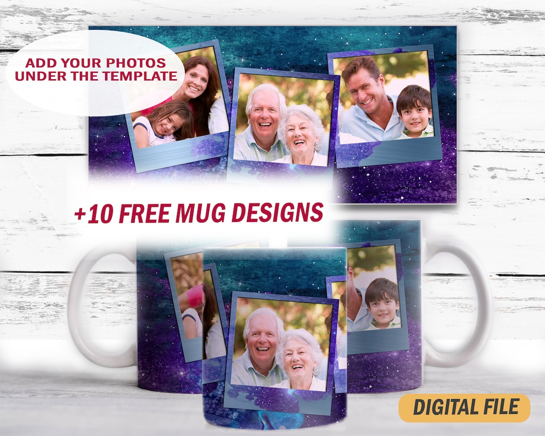 Mug Sublimation Design With 3 Photo Frames Galaxy Mug Template 15 Oz ...