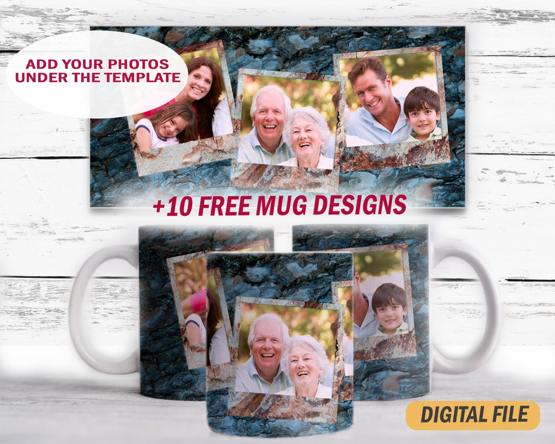 Blue Mug Wrap With 3 Photo Frames Image Mug Png Files for Sublimation ...