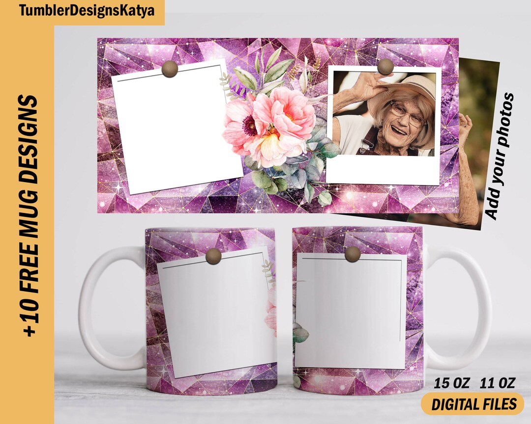 Mug Sublimation Design With 2 Photo Frames Flowers Mug Template 15 Oz ...