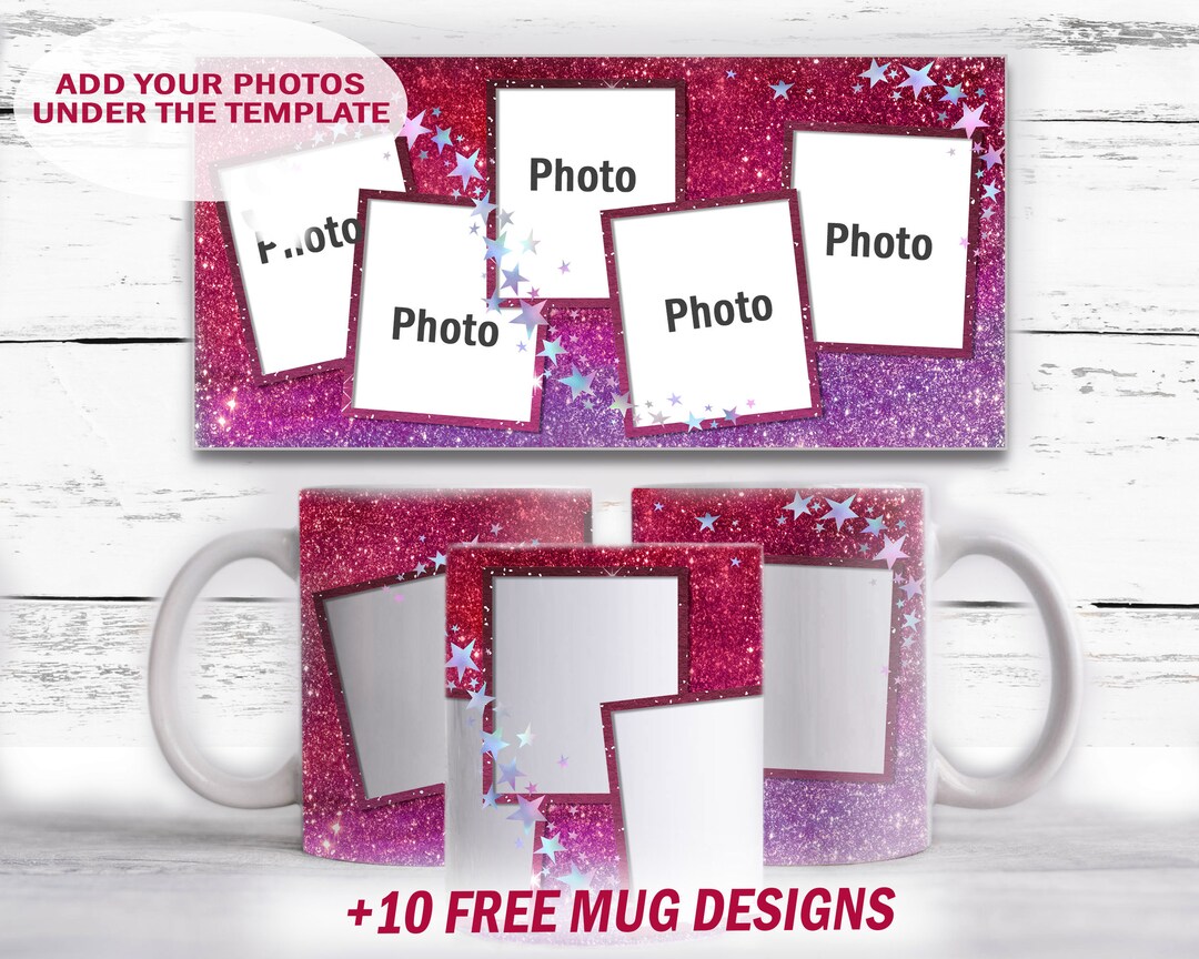 Picture Mug Template for 5 Photos Purple Mug Wrap 15 Oz and 11 Oz ...