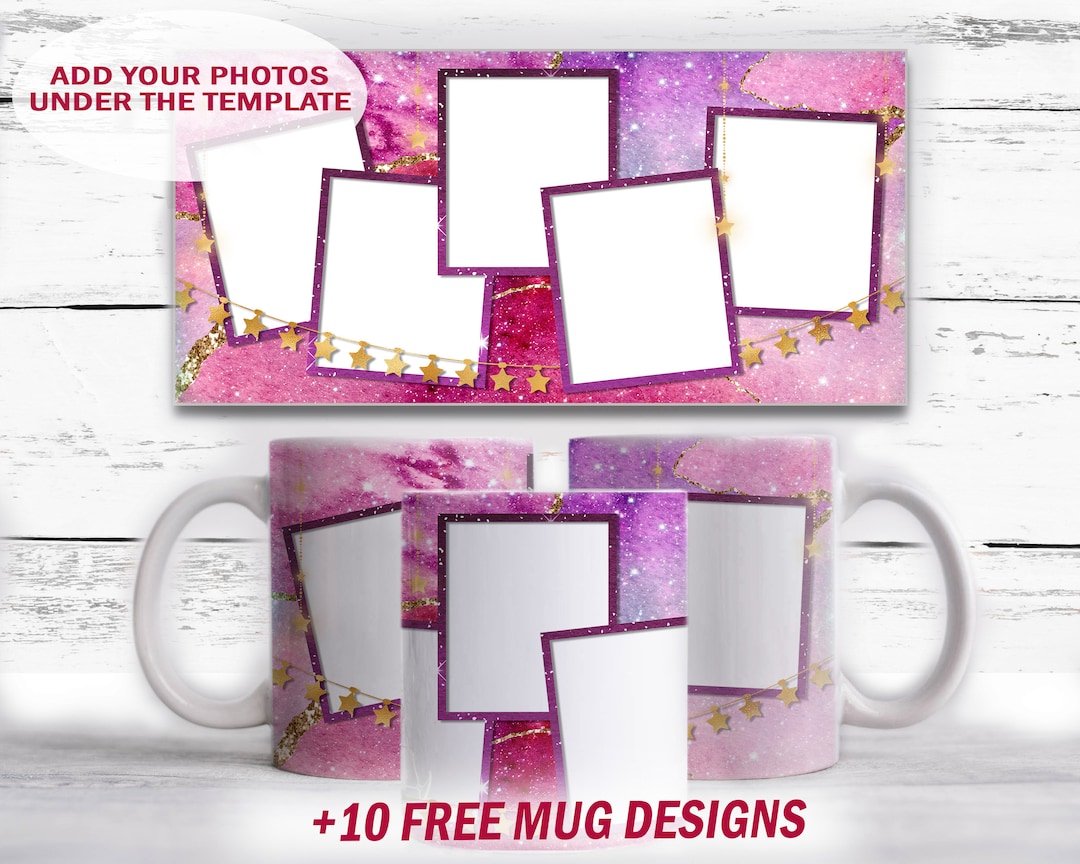 Photo Mug Wrap With 5 Photo Frames Sublimation Mug Png Pink Coffee Mug ...