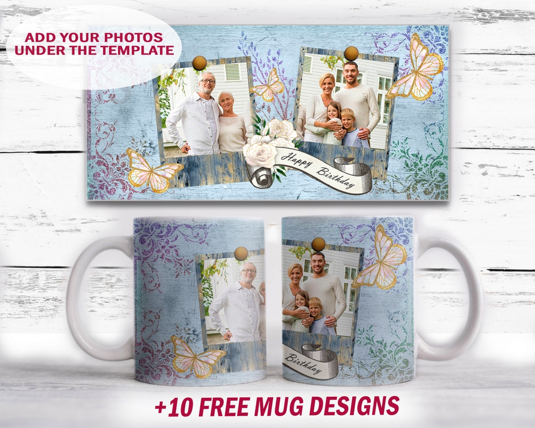 Mug Sublimation Designs Blue With 2 Photo Frames Coffee Cup Png ...