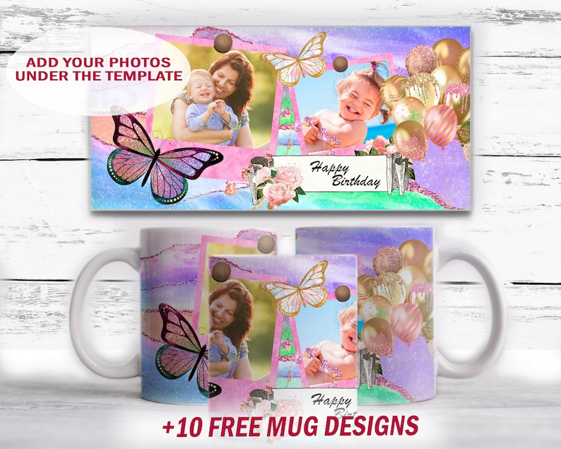 Happy Birthday Mug Sublimation Design With 2 Photo Frames - Etsy