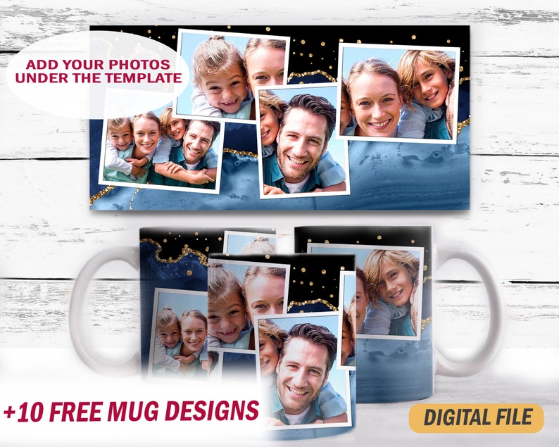 Sublimation Mug Wrap With Photo Frame Blue Mug Template With Pictures ...