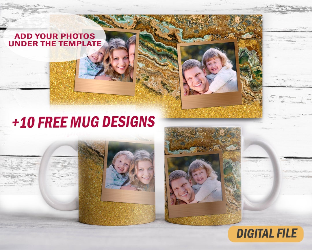 Picture Mug Template for 2 Photos Gold Mug Wrap 15 Oz and 11 Oz ...