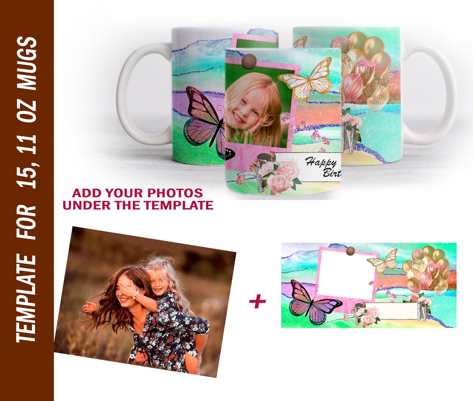 2 Picture Mug Sublimation Design Blue Template With 2 Photo Frames 15 ...