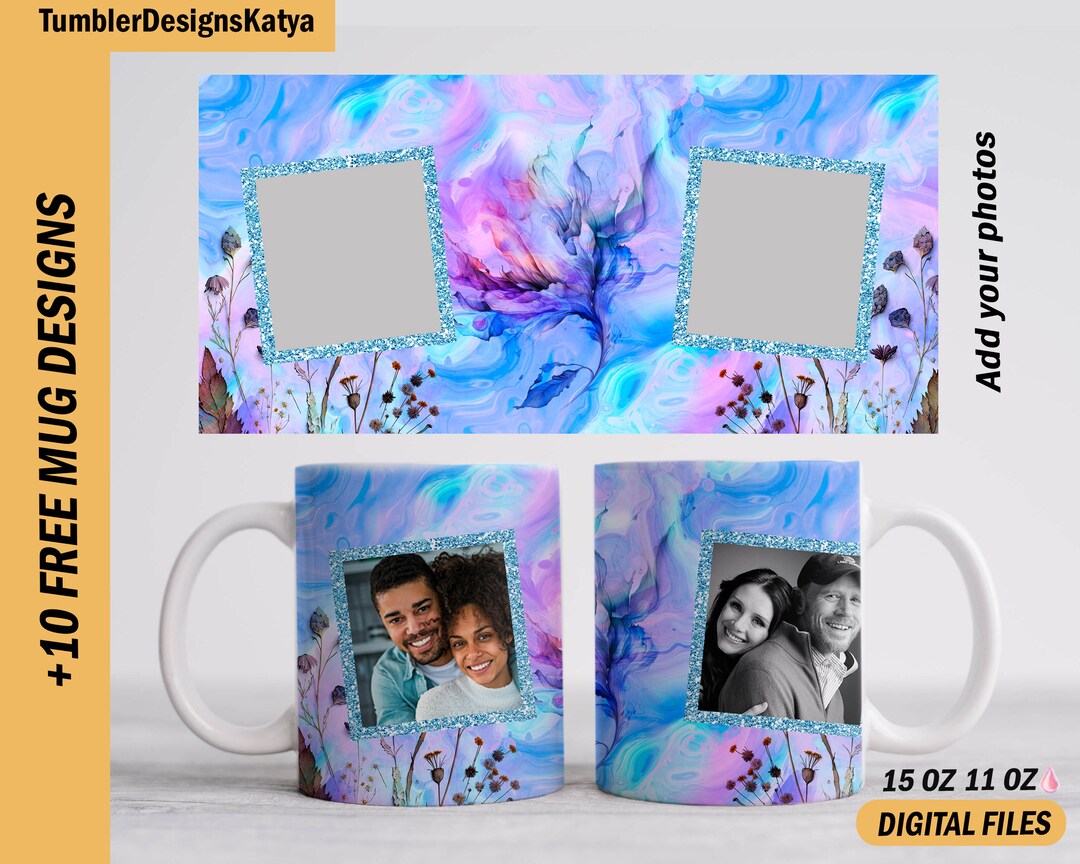Flower Mug Wrap With 2 Frames Png File for Purple Mug Template 15 Oz ...