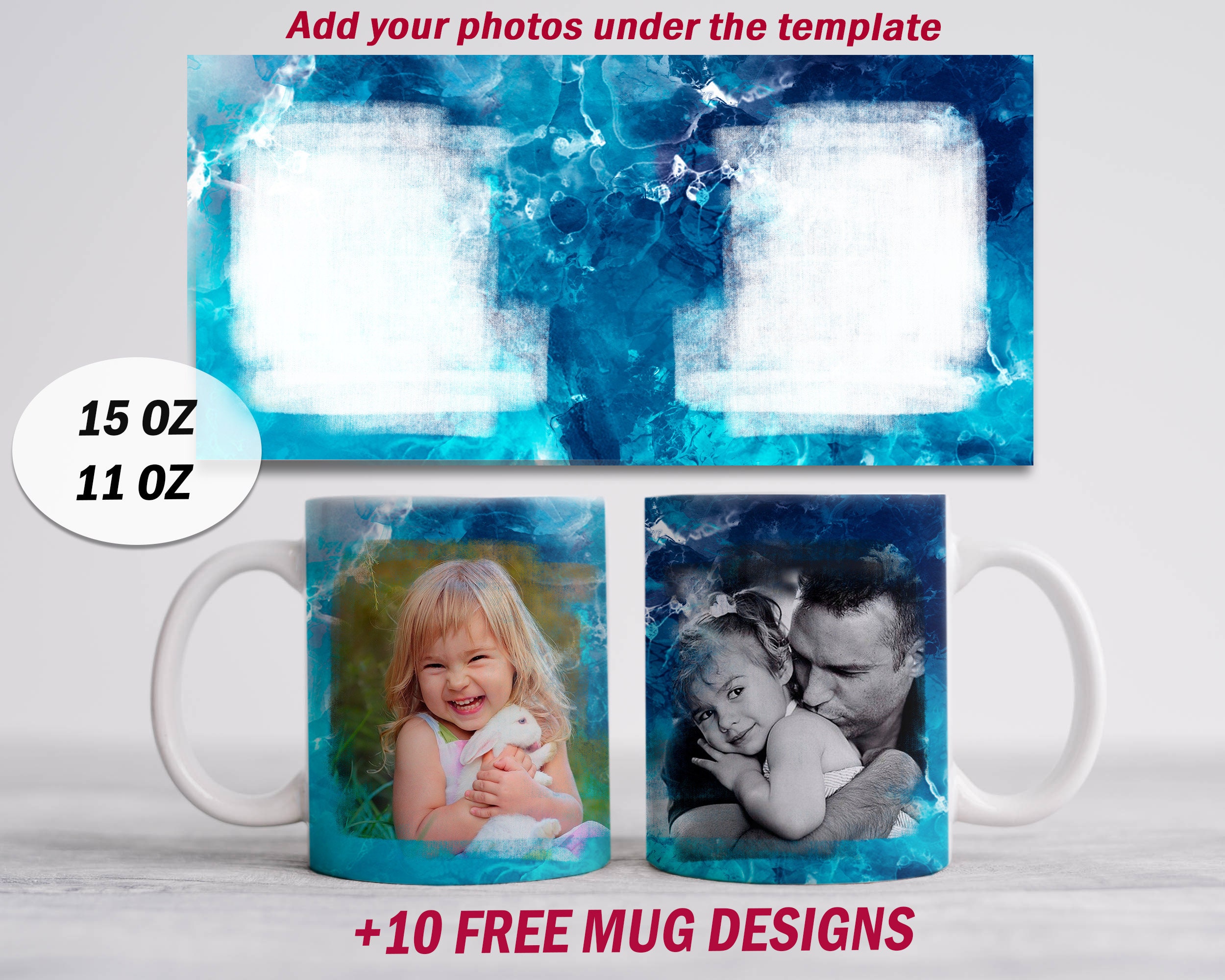 Blue Mug Wrap With 2 Photo Frames Image Mug Png Files Photo Template ...